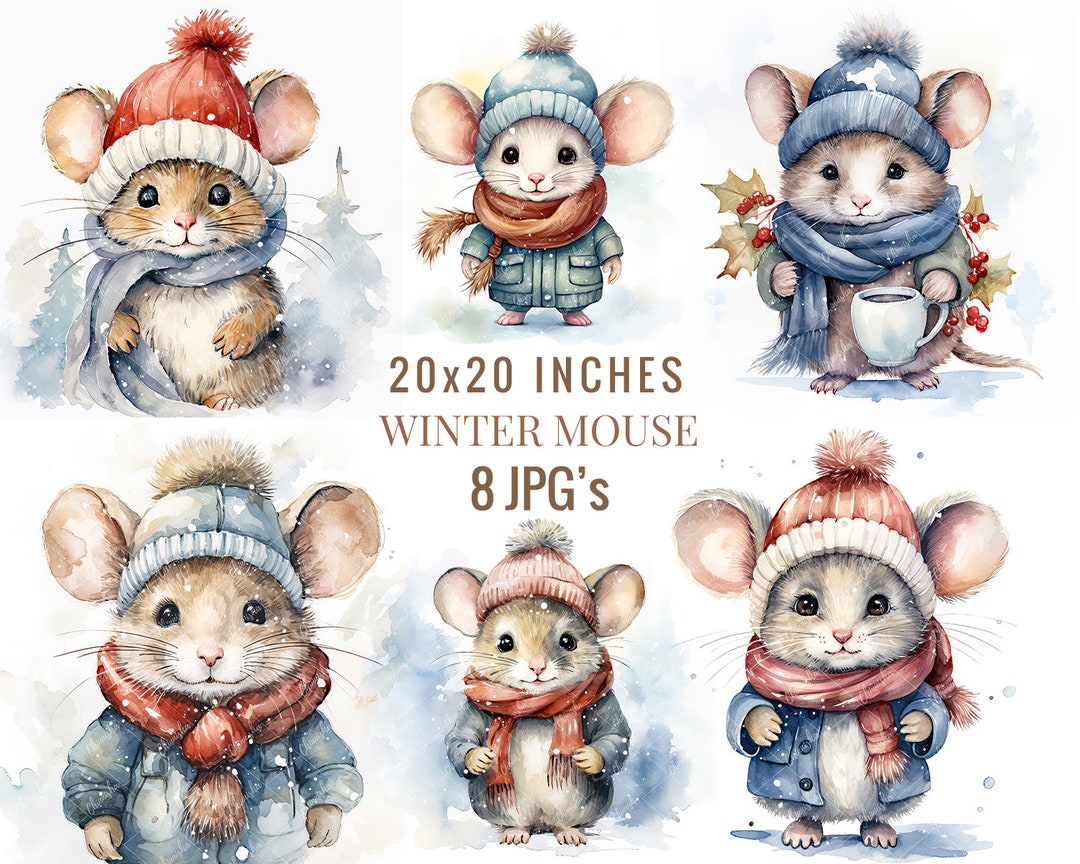 Watercolor Winter Mouse Clipart, 8 Jpgs, Commercial Use, Christmas ...