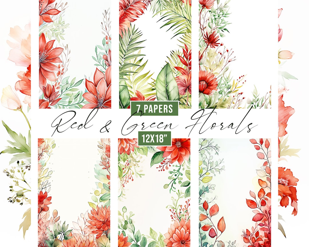 Watercolor Red and Green Floral Digital Papers, Floral Border ...