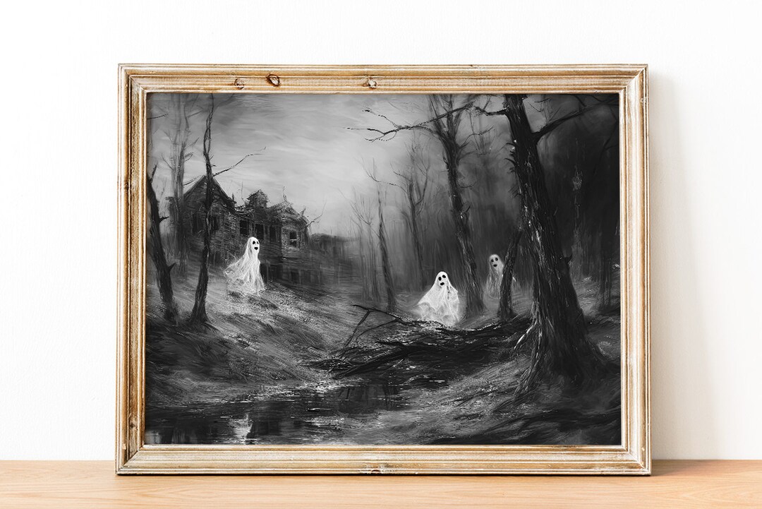 Printable Ghost Wall Art, Black and White Ghost Painting, Farmhouse ...