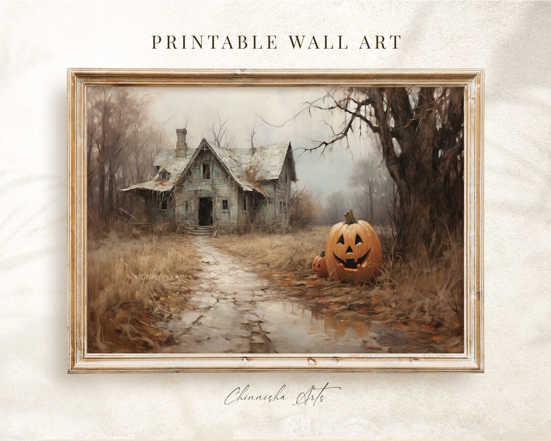 Spooky Halloween Wall Art, Vintage Halloween Painting, Country Wall Art ...