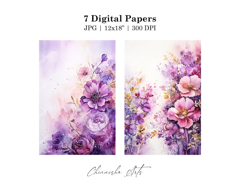 Watercolor Purple Floral Digital Paper, Abstract Purple Flower ...