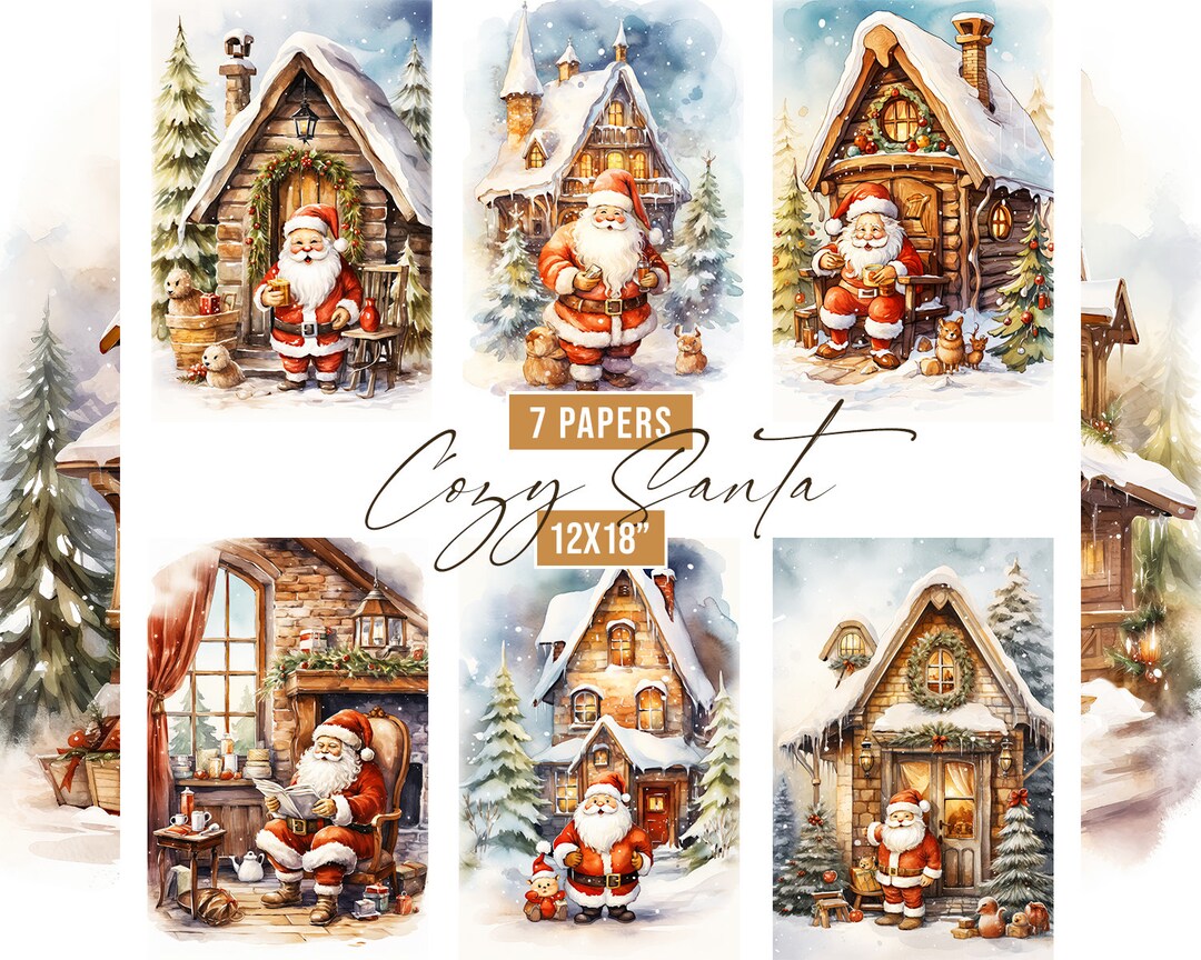 Watercolor Cozy Santa Claus Digital Papers, Santa Claus Backgrounds ...