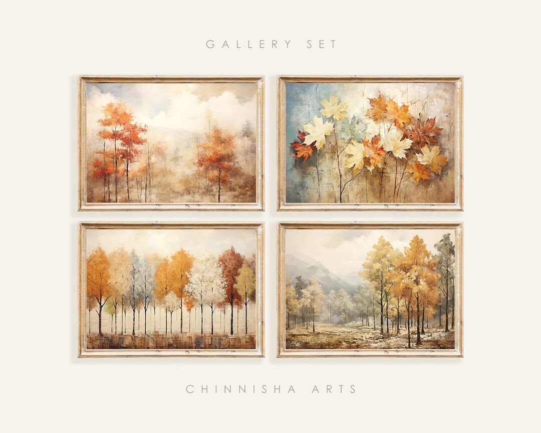 Autumn Trees Gallery Wall Art, Set of 4 Prints, Vintage Fall Landscape ...