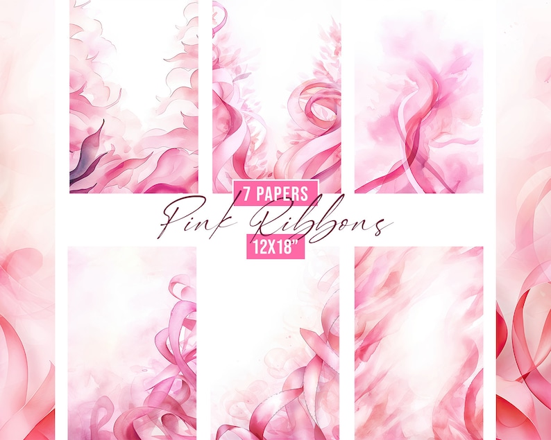 Watercolor Pink Ribbons Digital Papers, Cancer Ribbons Backgrounds ...