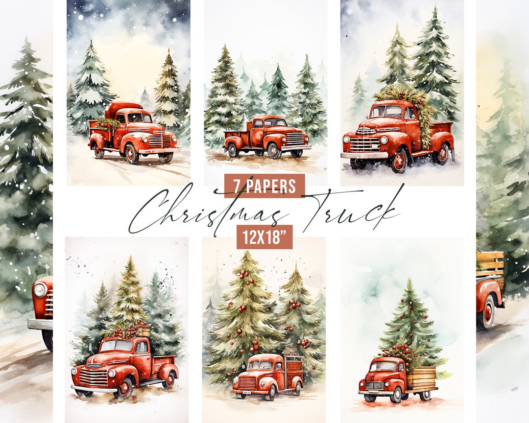 Watercolor Christmas Truck Digital Papers, Christmas Backgrounds, Xmas ...