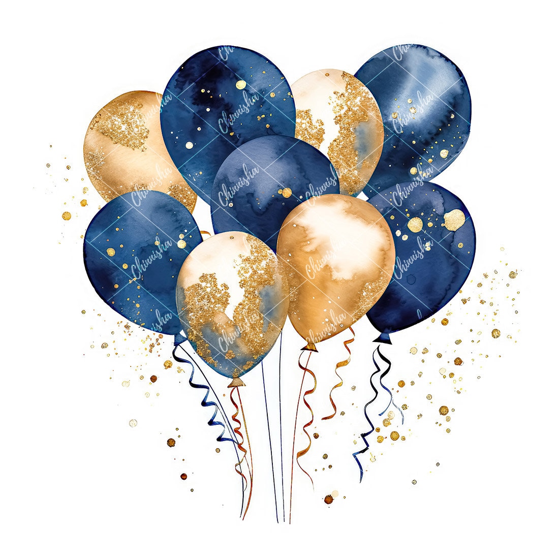 Watercolor Balloons Clipart, 8 Jpgs, Commercial Use, Dark Blue and Gold ...