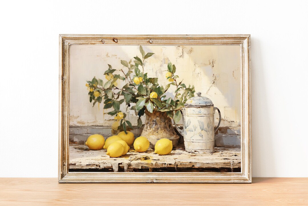Vintage Lemon Print, Farmhouse Kitchen Print, Lemon Still Life Painting ...