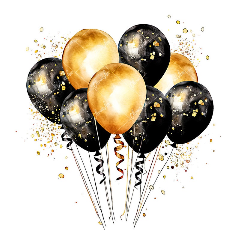 Watercolor Black and Gold Balloons Clipart 8 Jpgs Commercial - Etsy