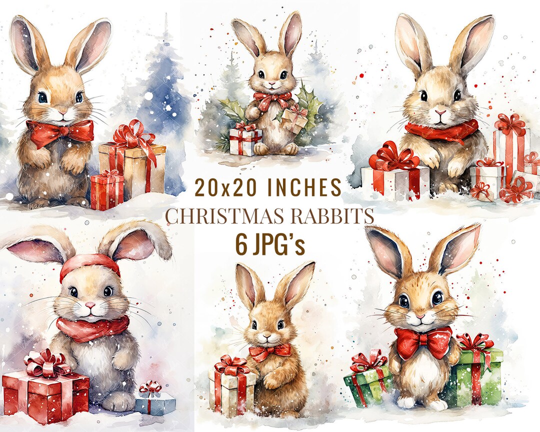Watercolor Christmas Rabbit Clipart, 6 Jpgs, Commercial Use, Rabbits ...