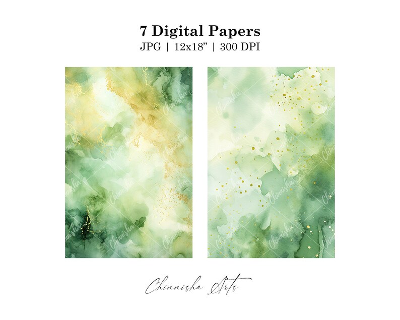 Watercolor Sage Green Digital Papers, Sage Green & Gold Background ...