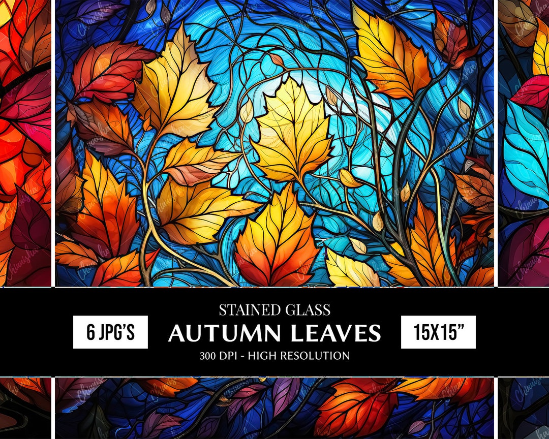 6 Stained Glass Autumn Leaves Digital Papers, Fall Tumbler Wrap Designs ...