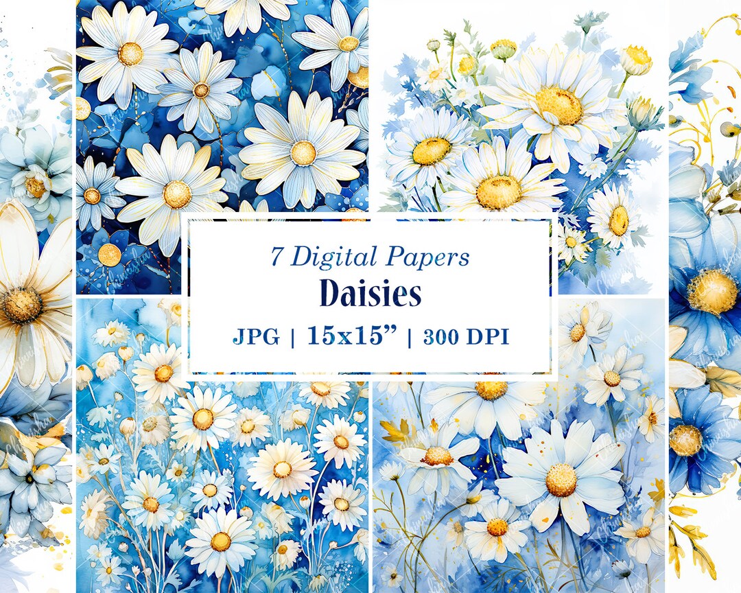 Watercolor Daisy Digital Paper, Blue Flowers Background, Watercolor ...