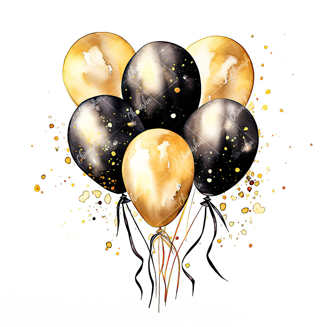 Watercolor Black and Gold Balloons Clipart 8 Jpgs Commercial - Etsy