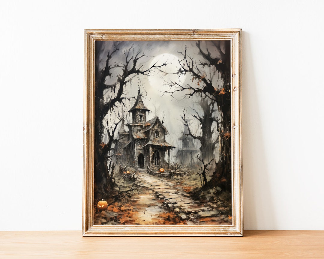 Printable Haunted House Print, Witch House Painting, Halloween Wall Art ...