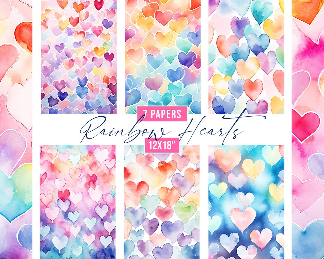 Watercolor Rainbow Hearts Digital Papers, Colorful Hearts Backgrounds ...