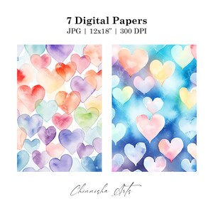 Watercolor Rainbow Hearts Digital Papers, Colorful Hearts Backgrounds ...