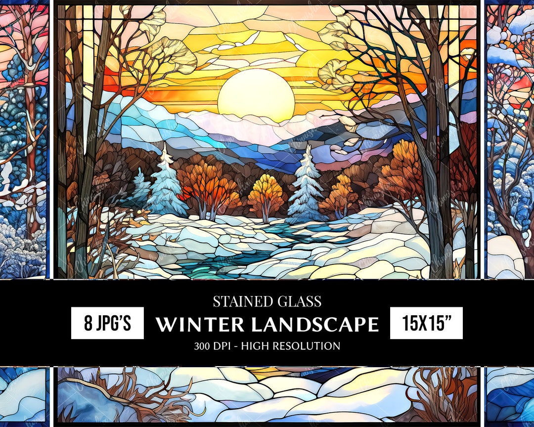 8 Stained Glass Winter Landscape Digital Papers, Tumbler Wrap Designs ...