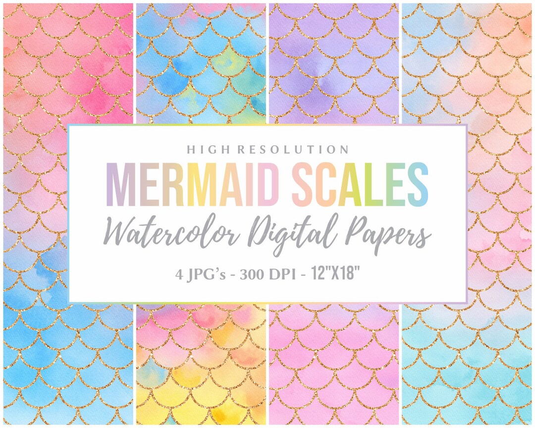 Watercolor Pastel Mermaid Digital Paper, Free Commercial Use, Gold ...