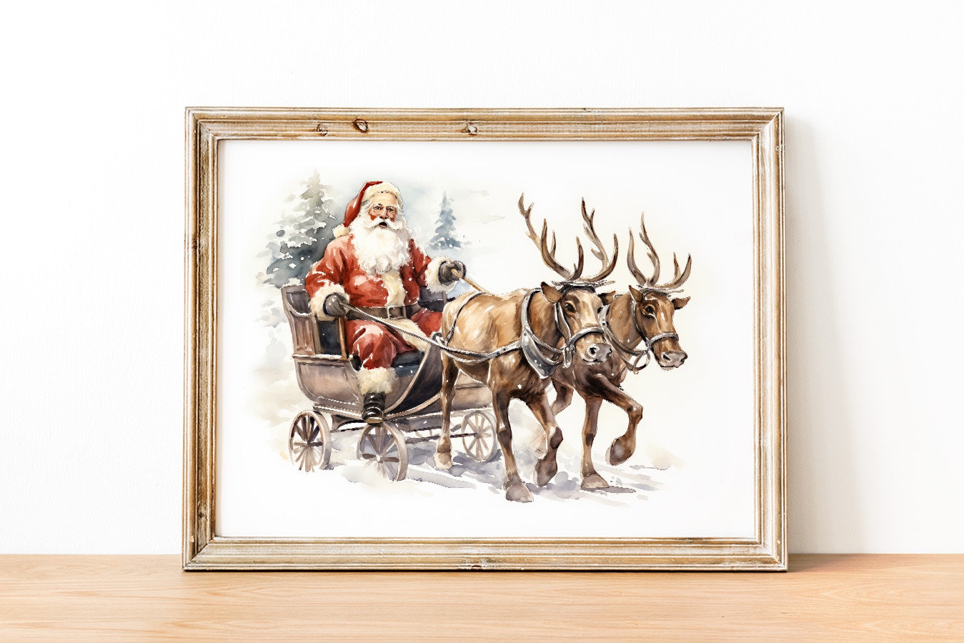 Santa Claus With Sleigh Print, Christmas Watercolor Painting, Christmas ...