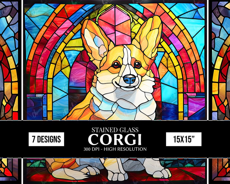 Stained Glass Corgi Digital Papers, Corgi Dog Stained Glass Tumbler ...