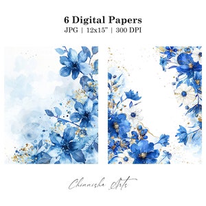 Blue Floral Digital Paper, Watercolor Floral Background, Blue Printable ...