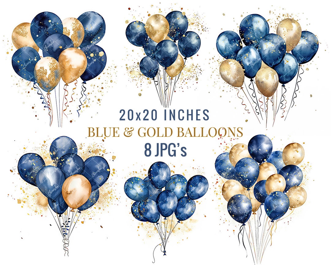 Watercolor Balloons Clipart, 8 Jpgs, Commercial Use, Dark Blue and Gold ...