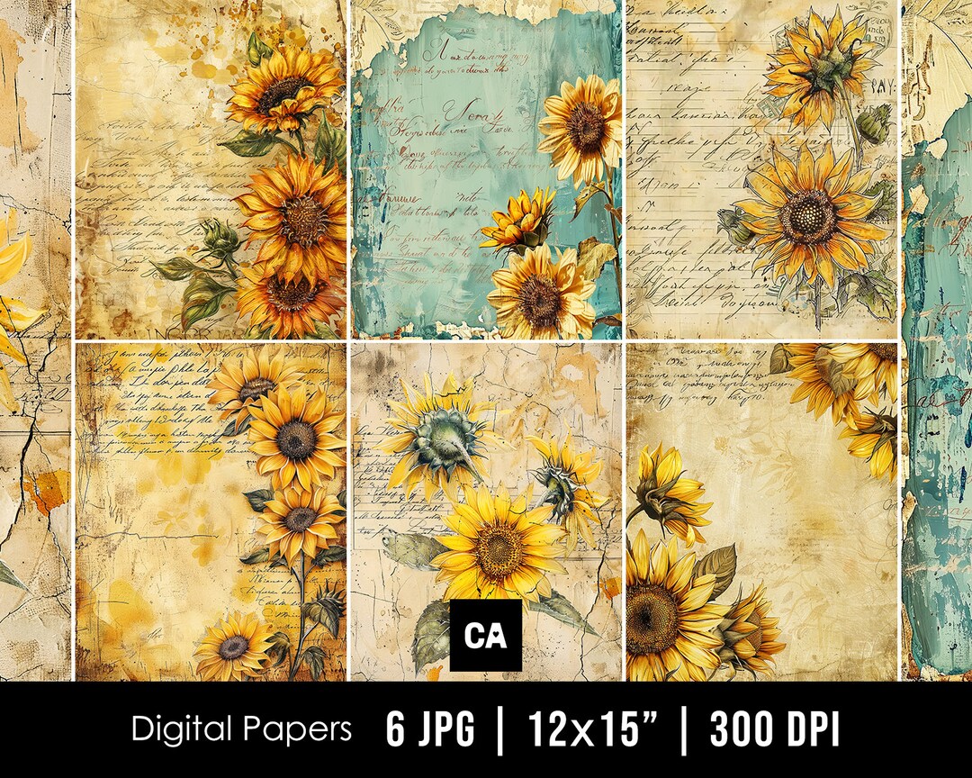 Rustic Sunflower Junk Journal Pages, Vintage Digital Papers, Seaside ...