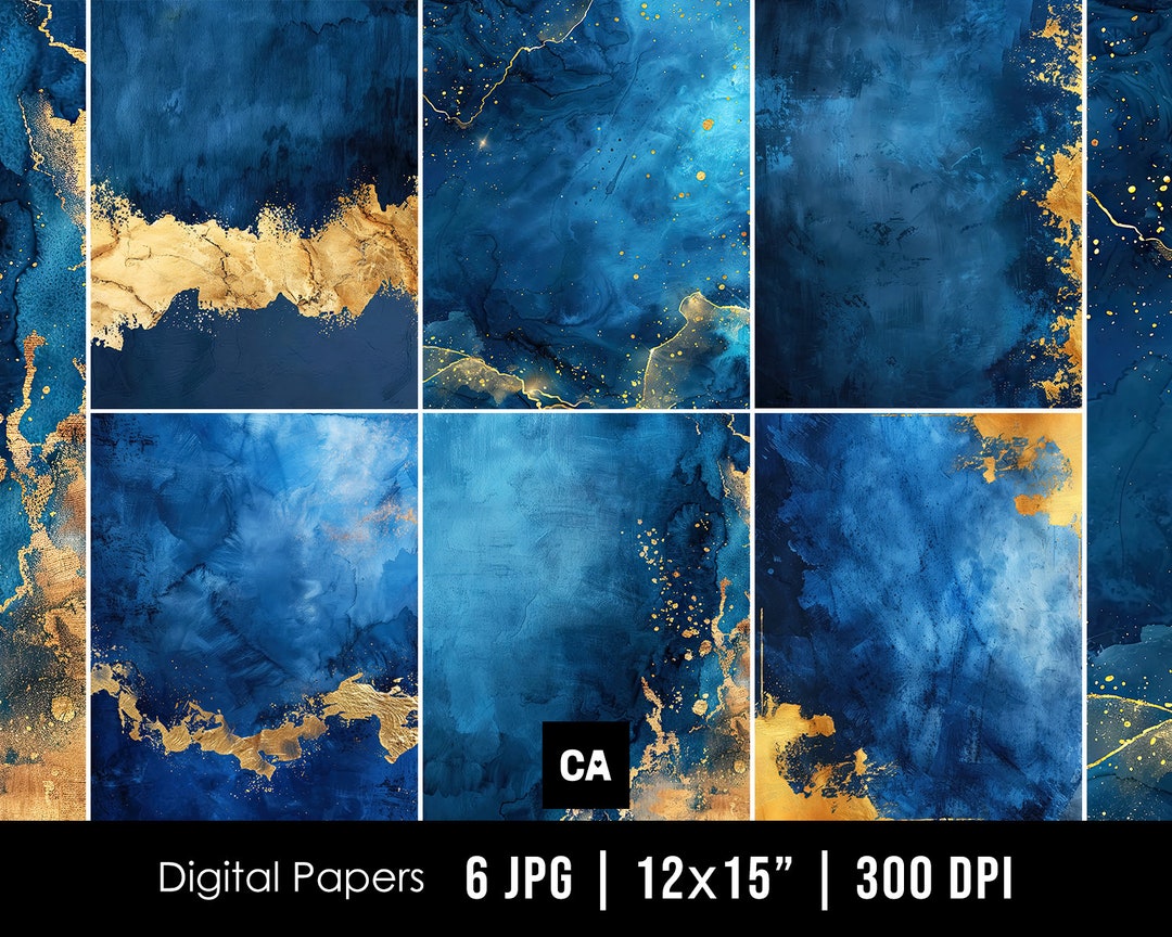 Royal Blue Watercolor Digital Papers, Blue Gold Backgrounds, Printable ...