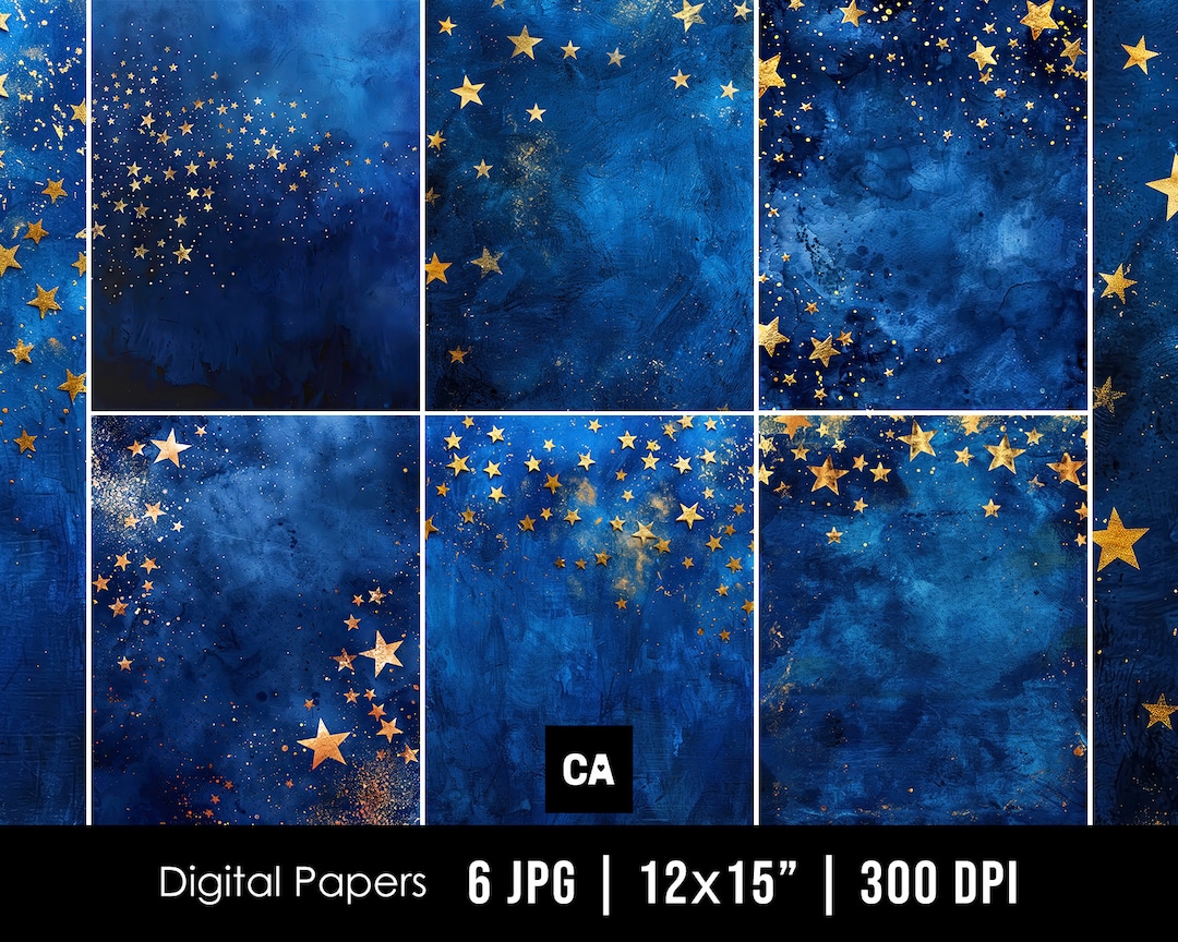 Blue & Gold Stars Digital Papers, Abstract Dark Blue Backgrounds ...