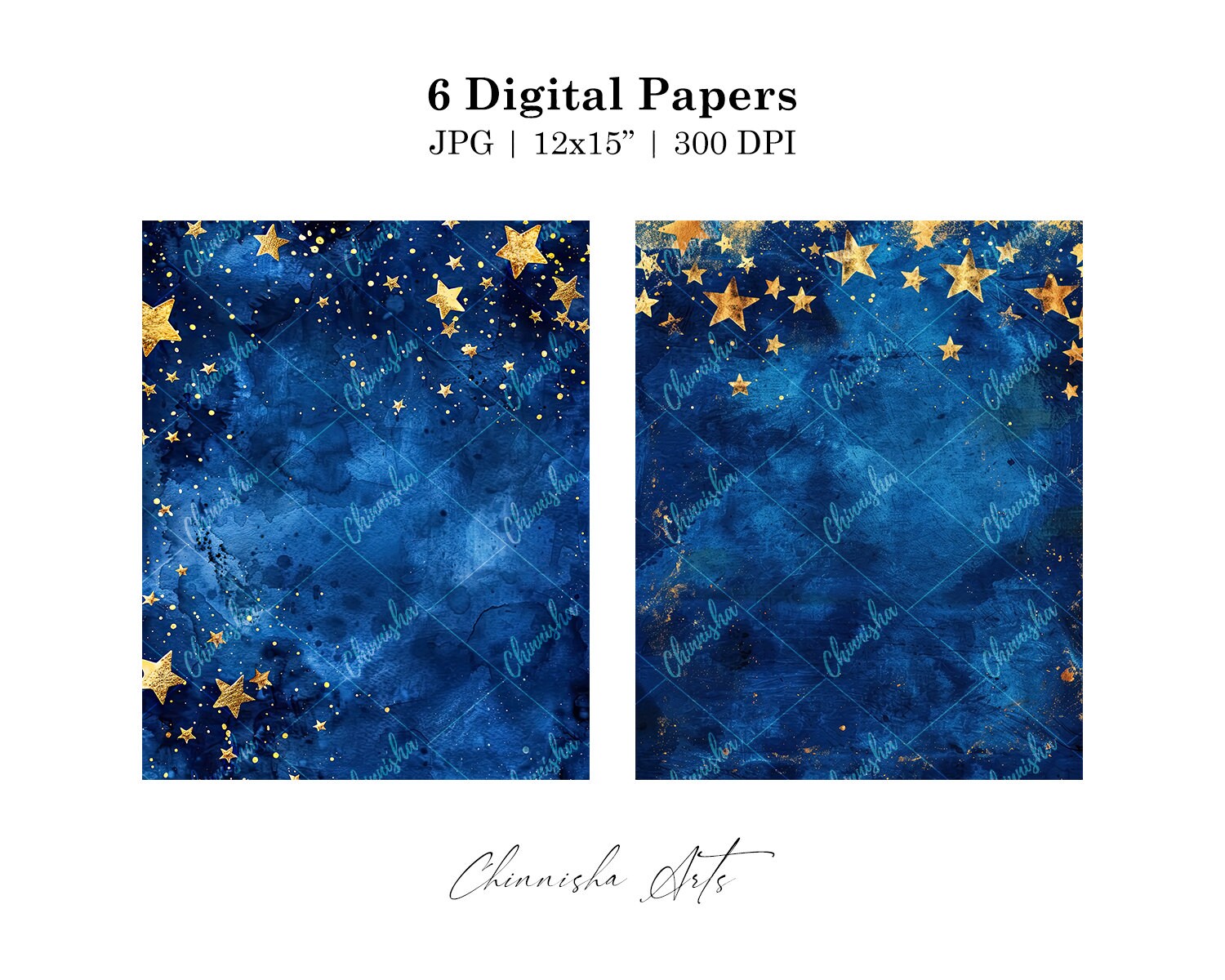 Blue & Gold Stars Digital Papers, Abstract Dark Blue Backgrounds ...