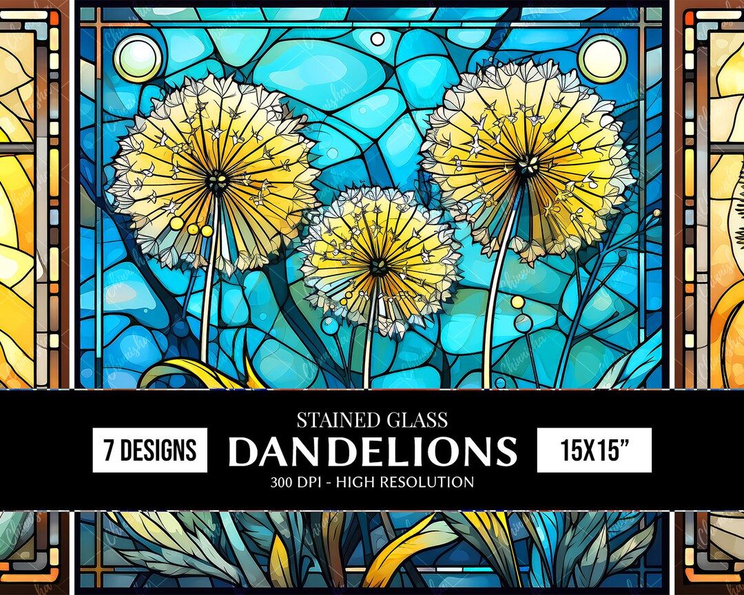 Stained Glass Dandelions Digital Papers, Stained Glass Tumbler Wrap ...