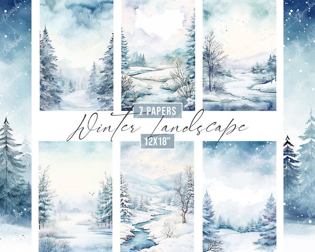 Watercolor Winter Landscape Digital Papers, Blue Winter Scenes ...