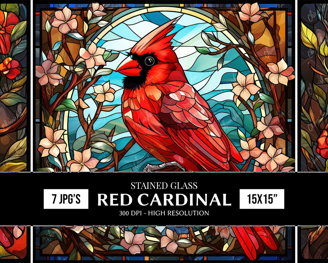 7 Stained Glass Red Cardinal Digital Papers, Tumbler Wrap Design ...