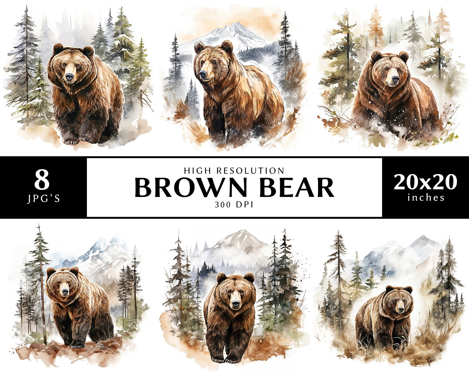Watercolor Brown Bear Clipart 8 Jpgs Commercial Use Wild - Etsy