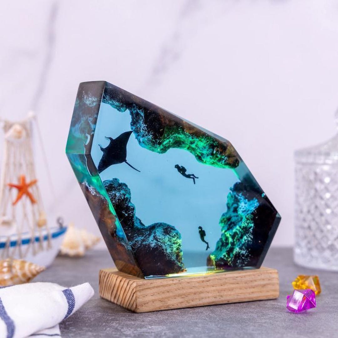 Manta Ray Mystique Lamp, Epoxy Resin Lamp, Ocean Resin Lamp, Wood Resin ...