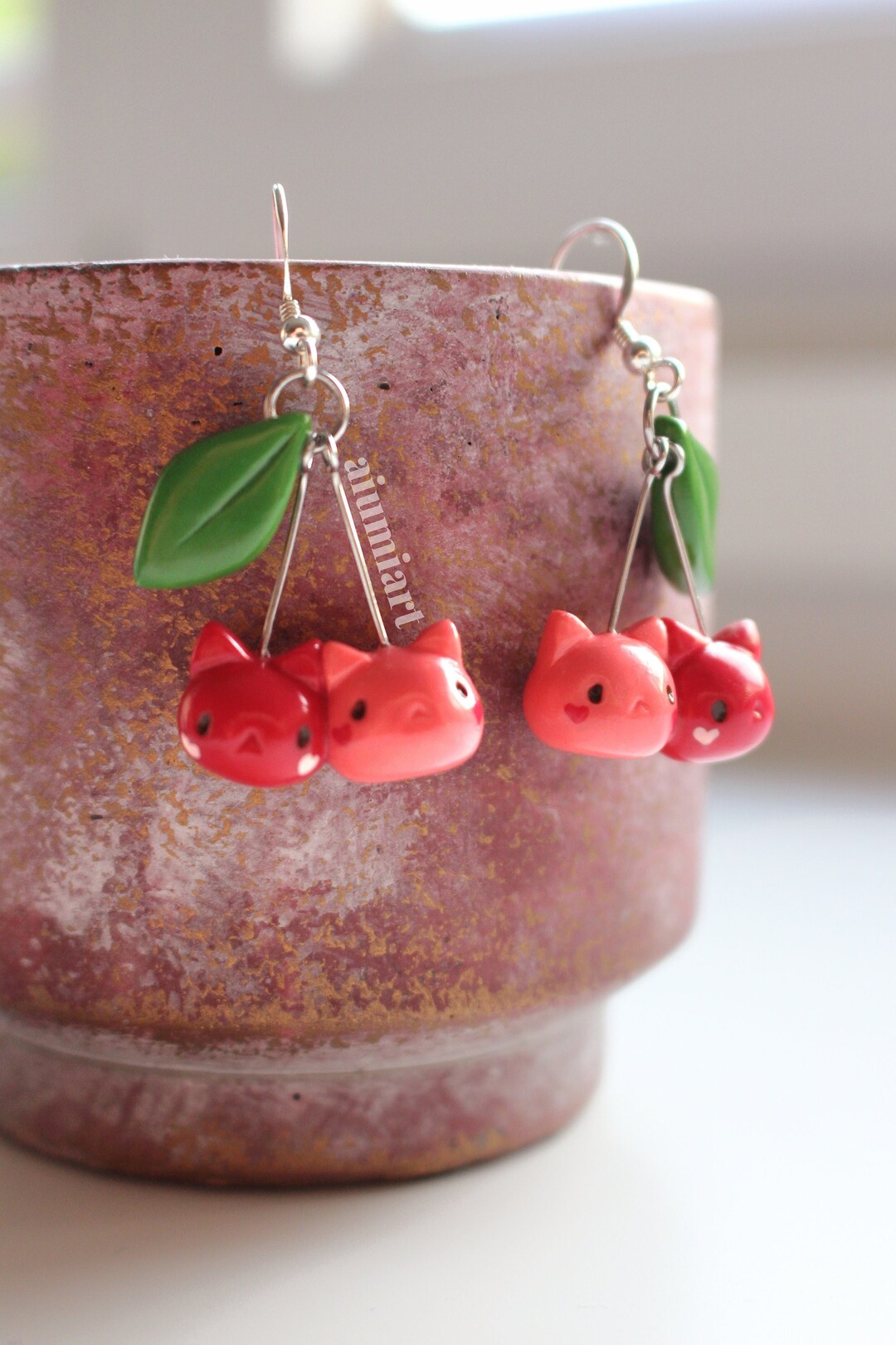 Kawaii Cherry Cat Earrings • Handmade Polymer Clay Earrings • Cute Clay ...