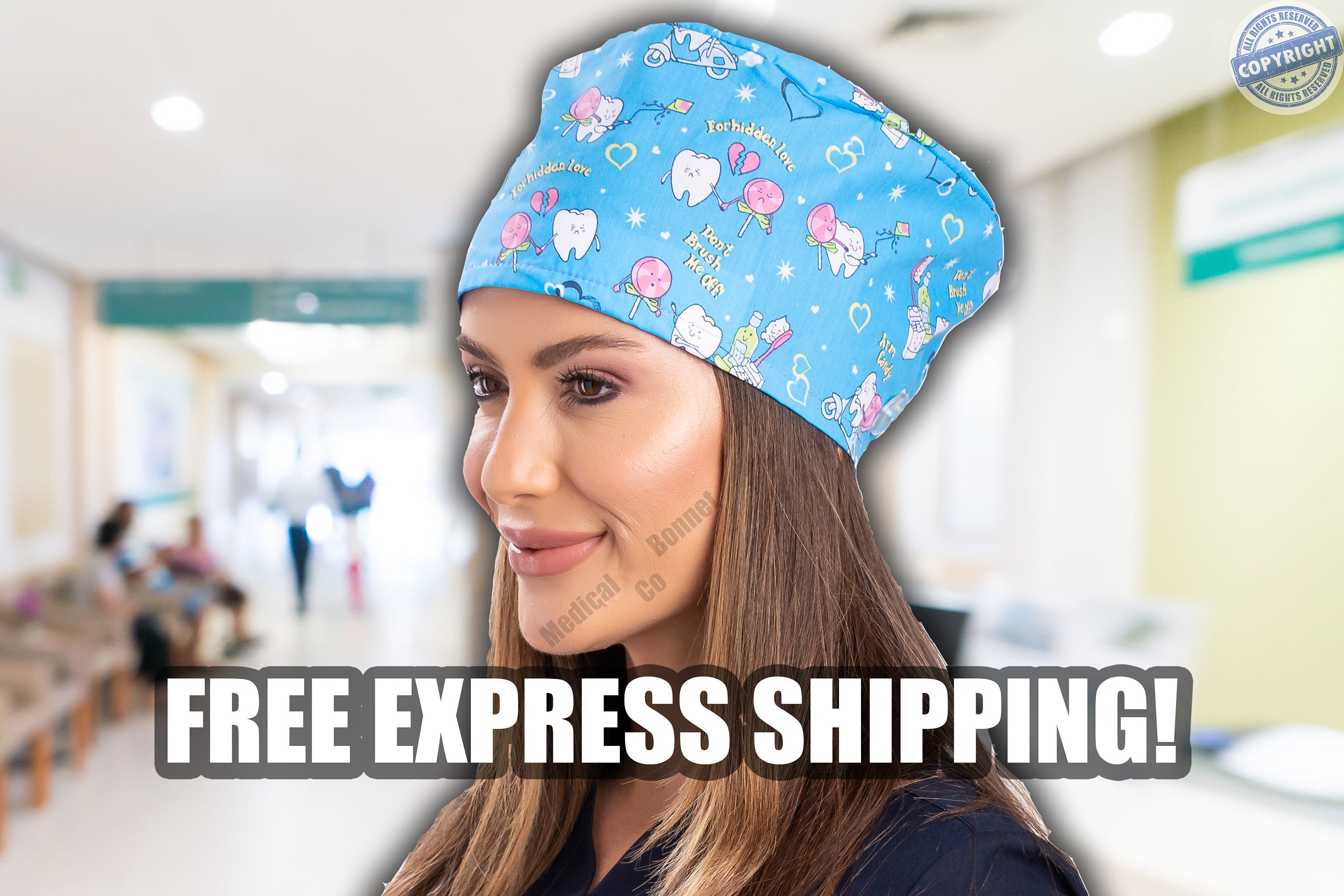 DENTAL Scrub Hats With Button Medical Bonnet Bouffant | Etsy