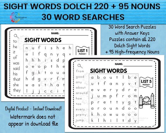 Sight Words Word Searches Complete Dolch 220 Plus 95 Nouns | Etsy