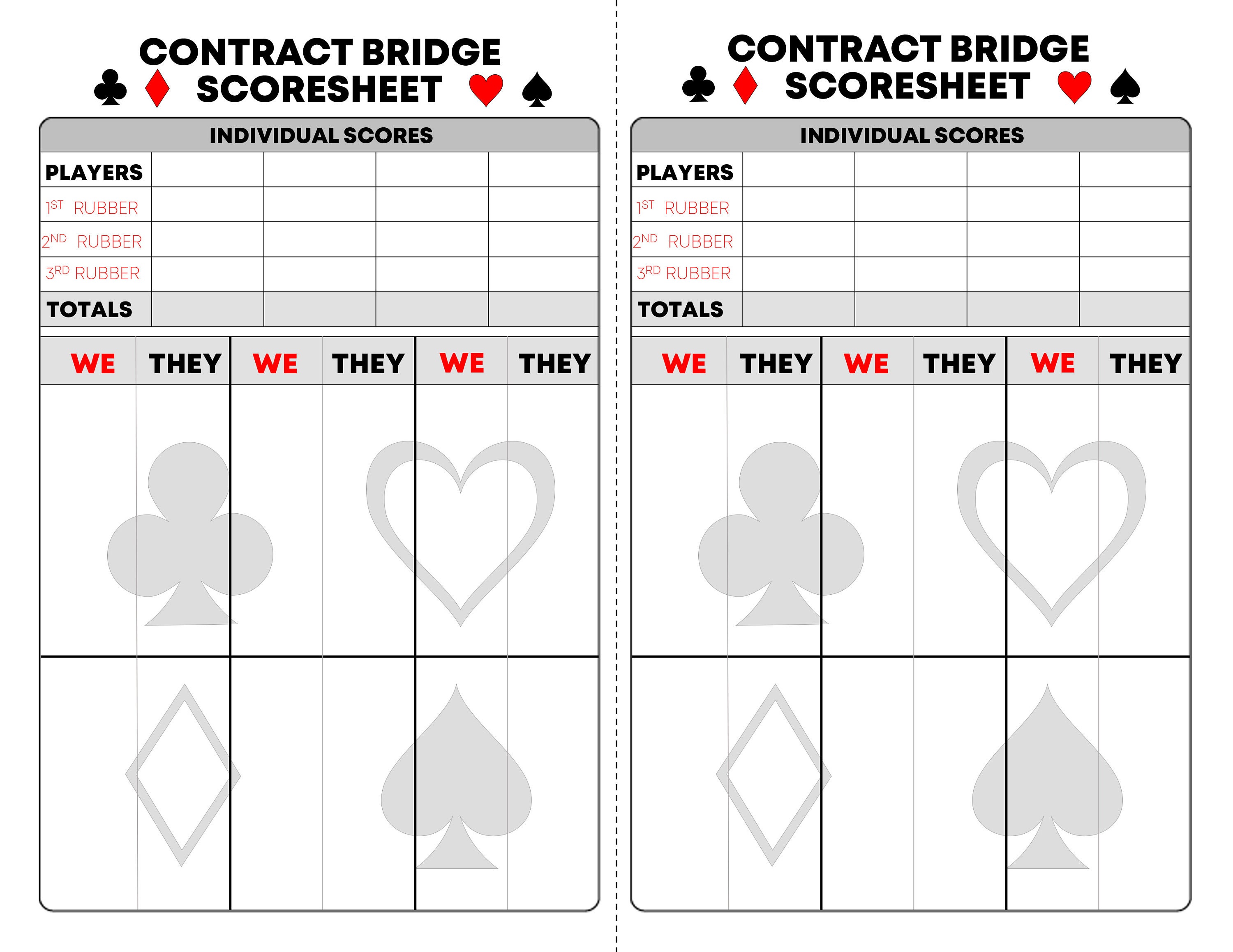 CONTRACT BRIDGE Score Sheet, Card Game Scorecard, Comes in 2 Colors, 2 ...