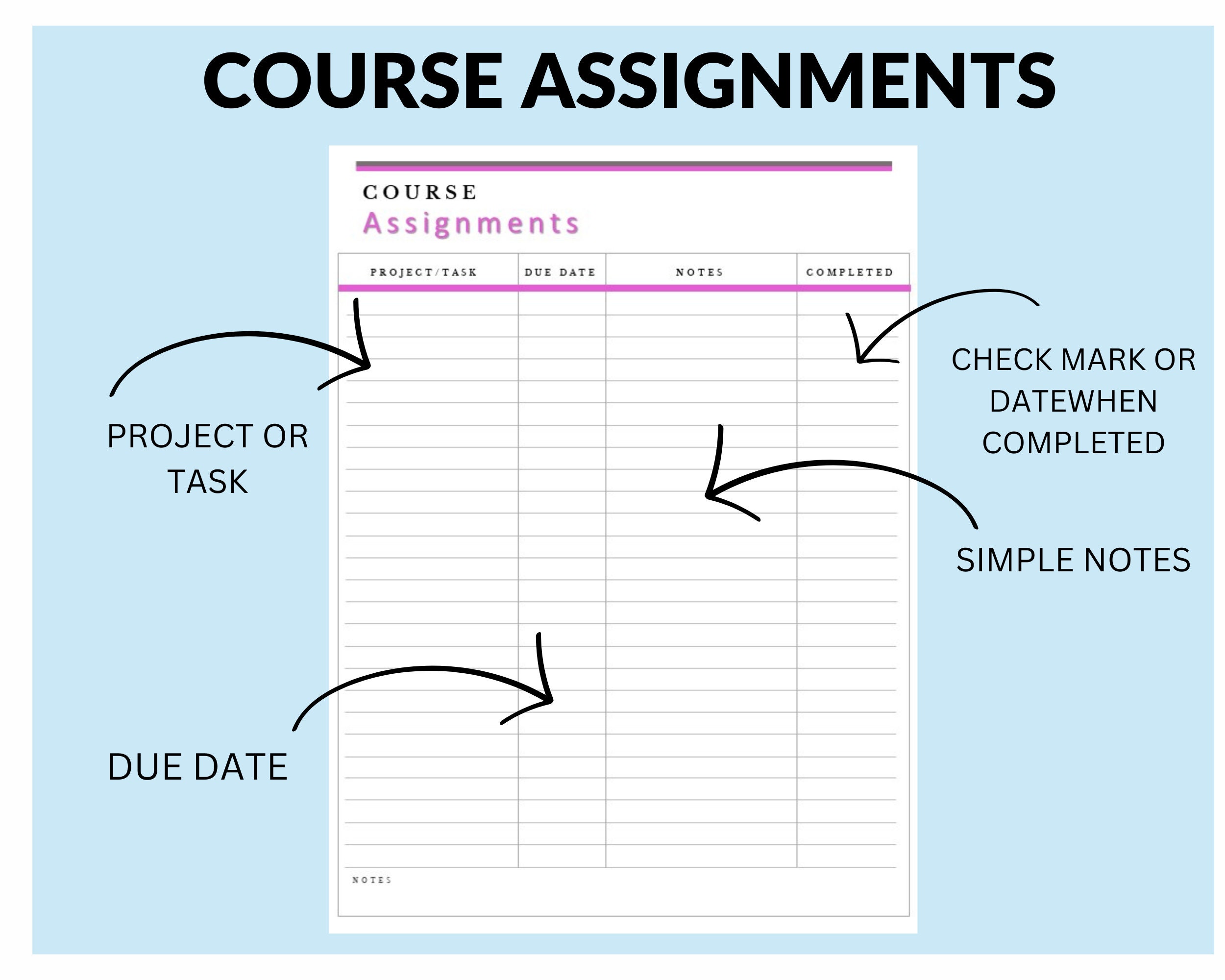 Course Assignments Planner Page Student Printable Tracker Homework ...