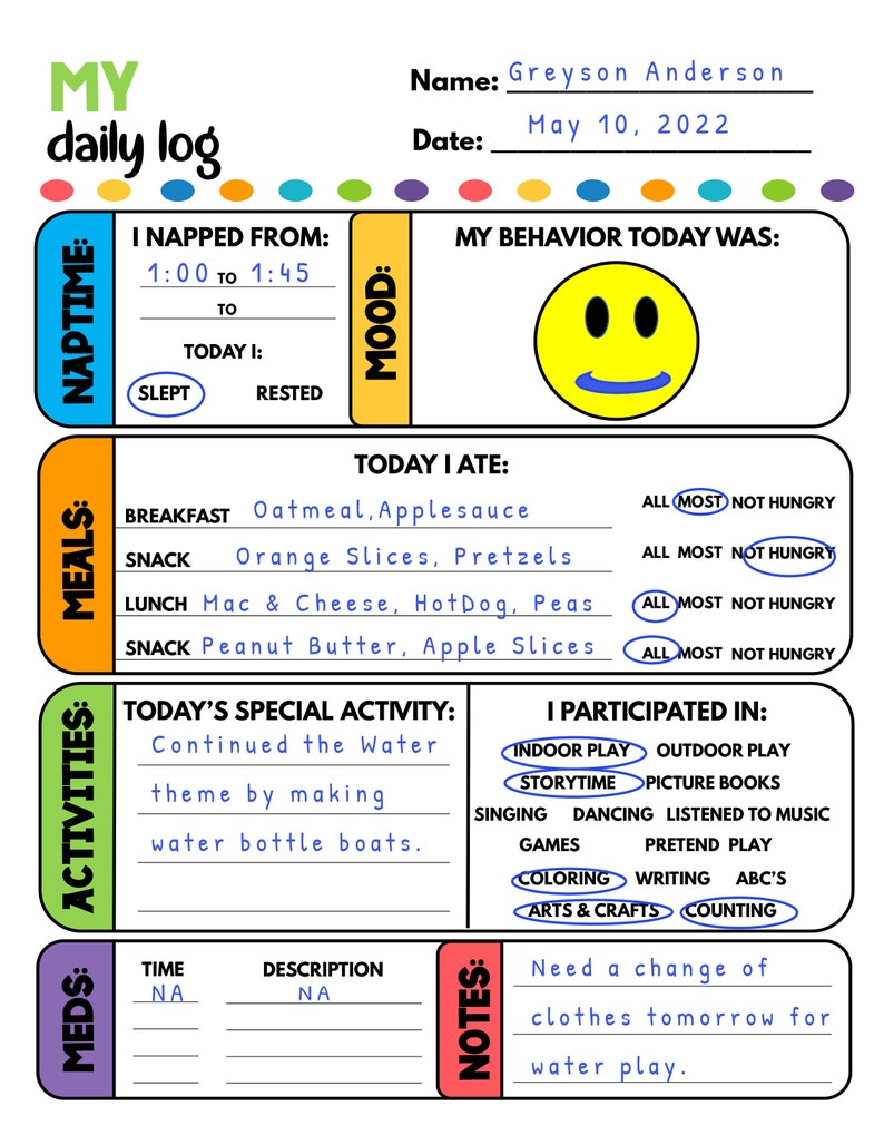 Daycare Daily Log Printable Report Tracker for Pre-k - Etsy