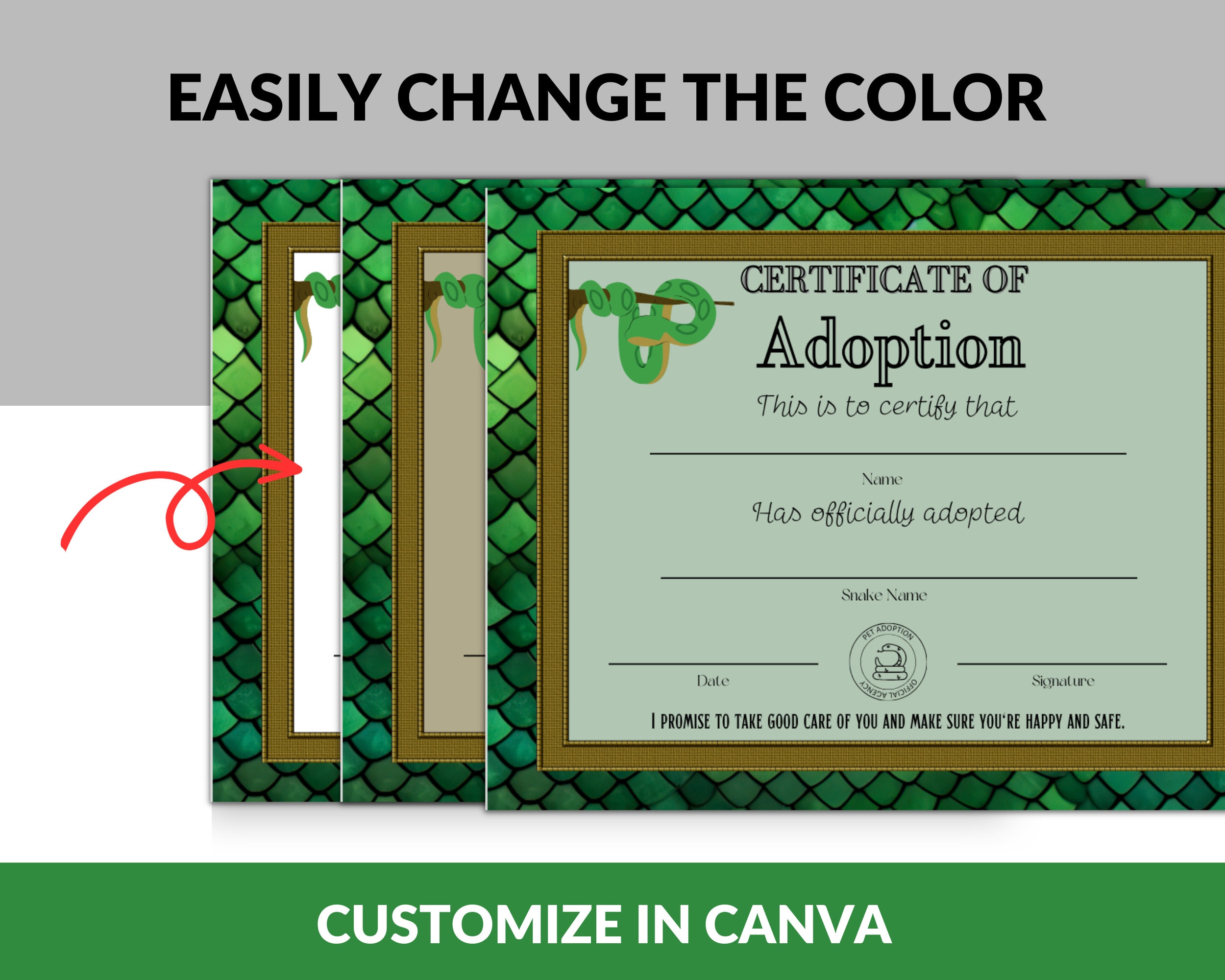 Snake Adoption Certificate | Editable Canva Template | Printable ...