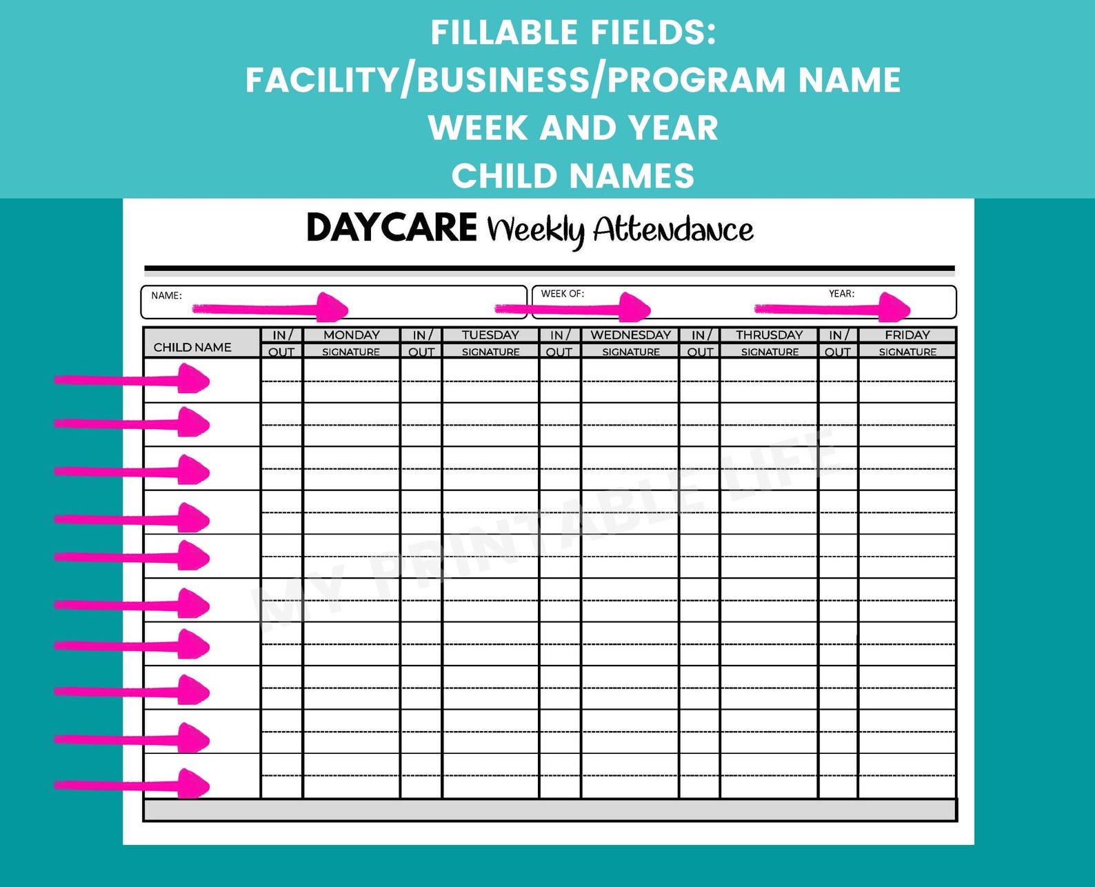 Daycare Weekly Attendance Fillable Form Sign-in Sign-out Sheet Daycare ...