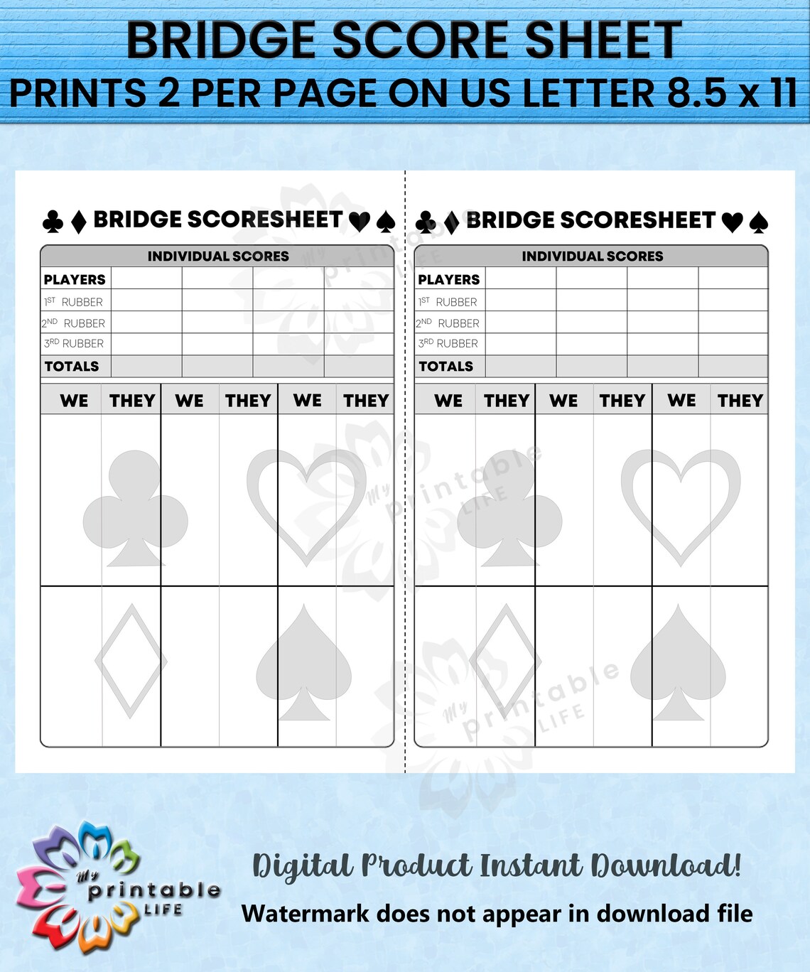BRIDGE Score Sheet, Card Game Scorecard, Comes in 2 Colors, 2 Sizes ...