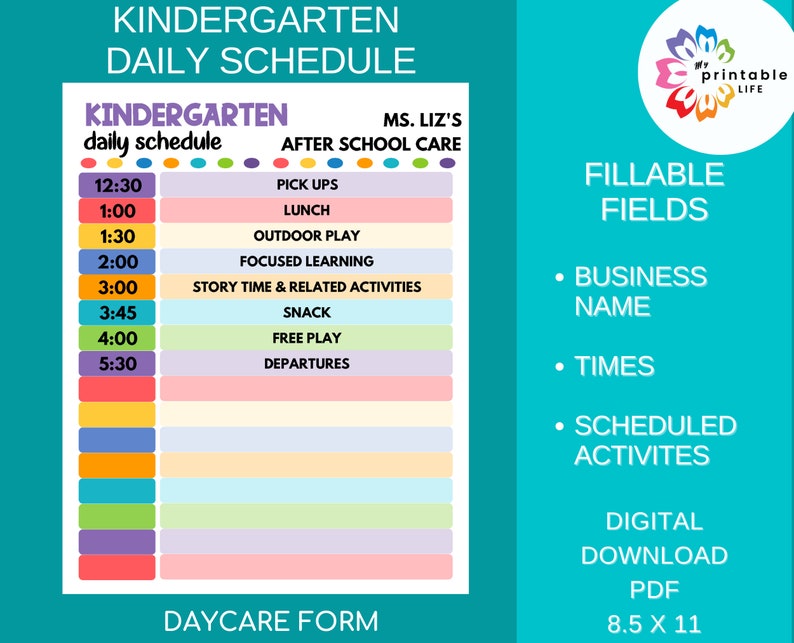 Daycare Daily Schedule for Kindergarten Printable Child Care Fillable ...