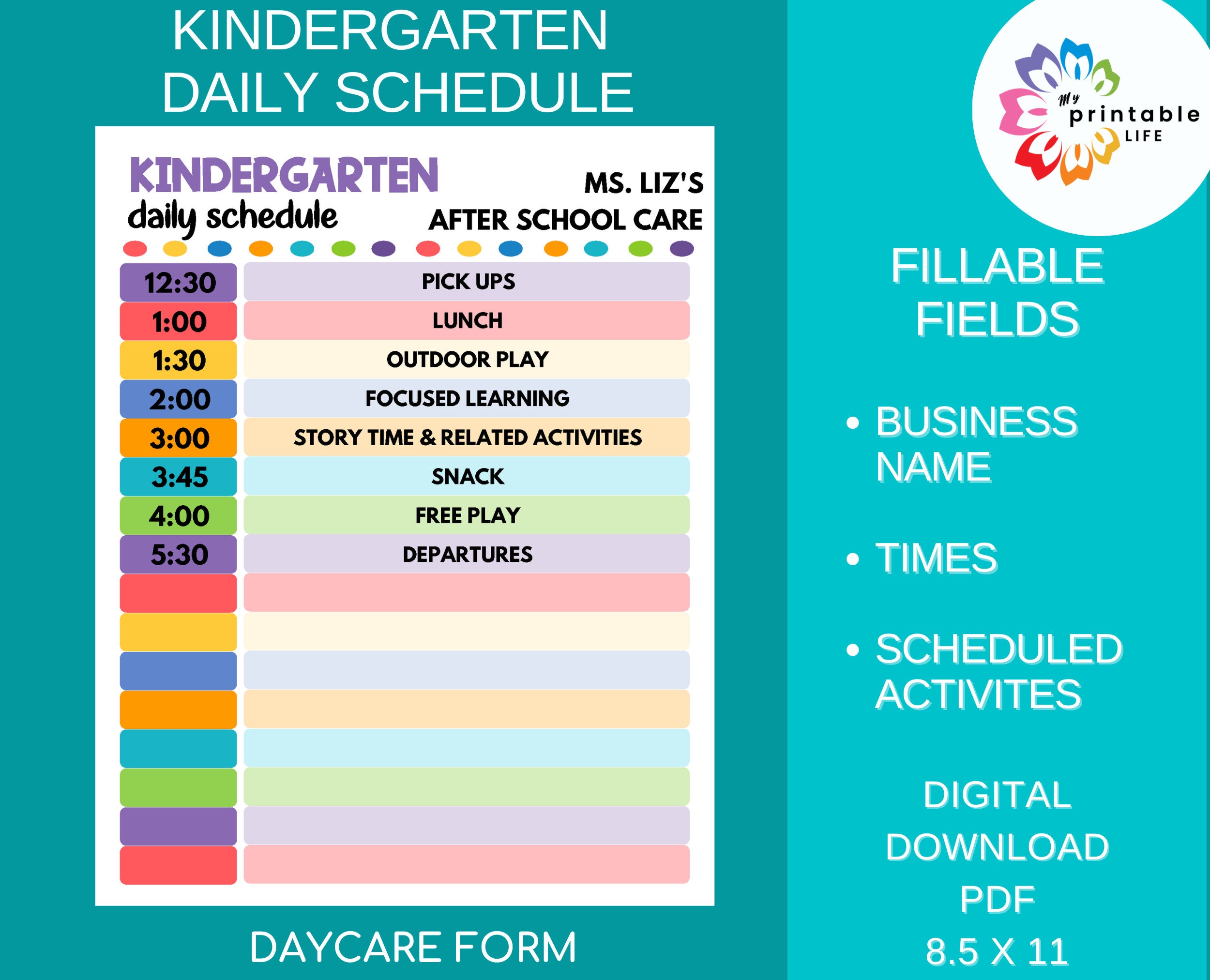 Daycare Daily Schedule for Kindergarten Printable Child Care Fillable ...