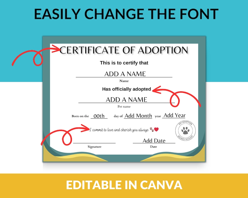 Custom Pet Adoption Certificate | Keepsake Gift (editable Canva ...