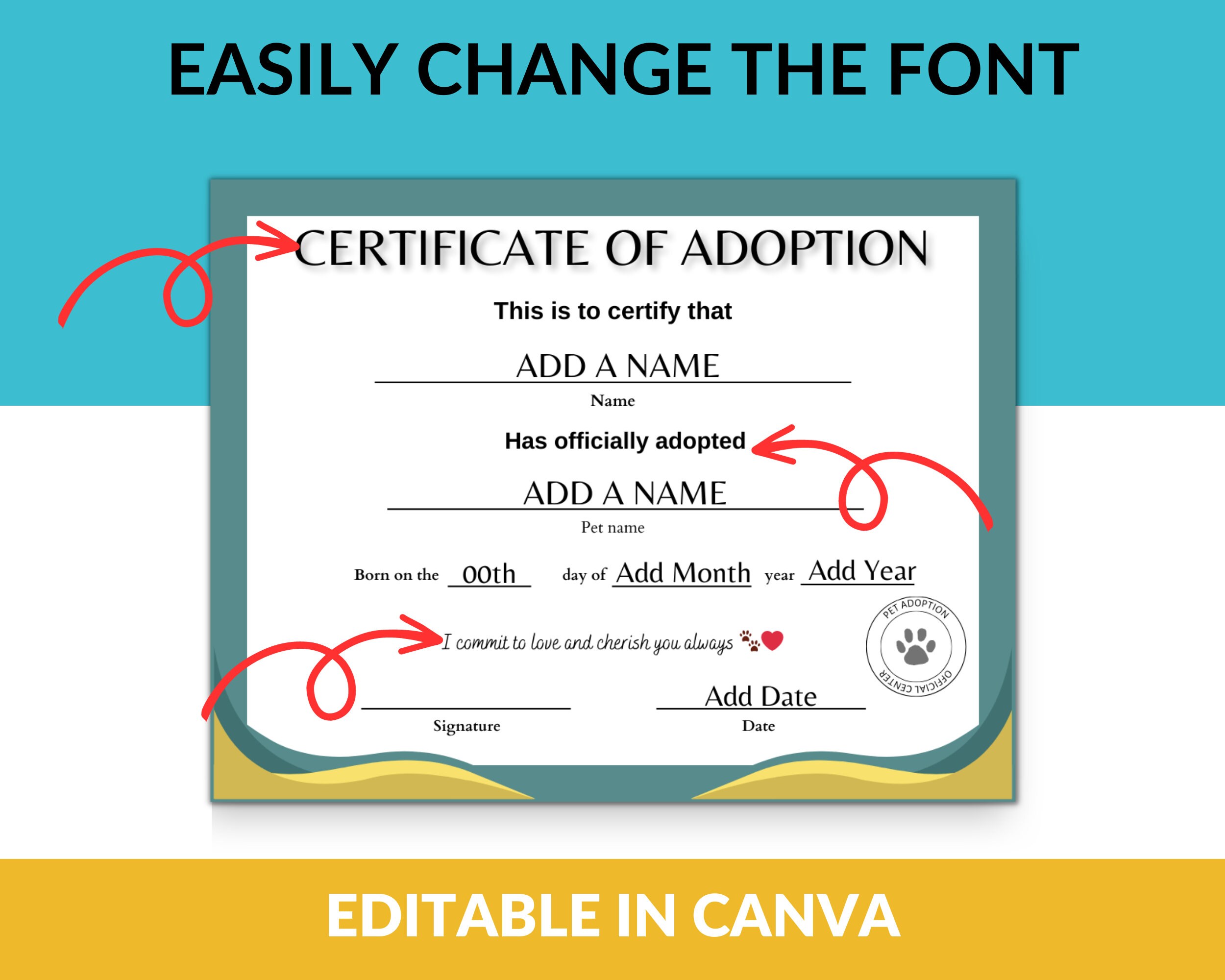 Pet Adoption Certificate | Editable Canva Template | Printable Animal ...