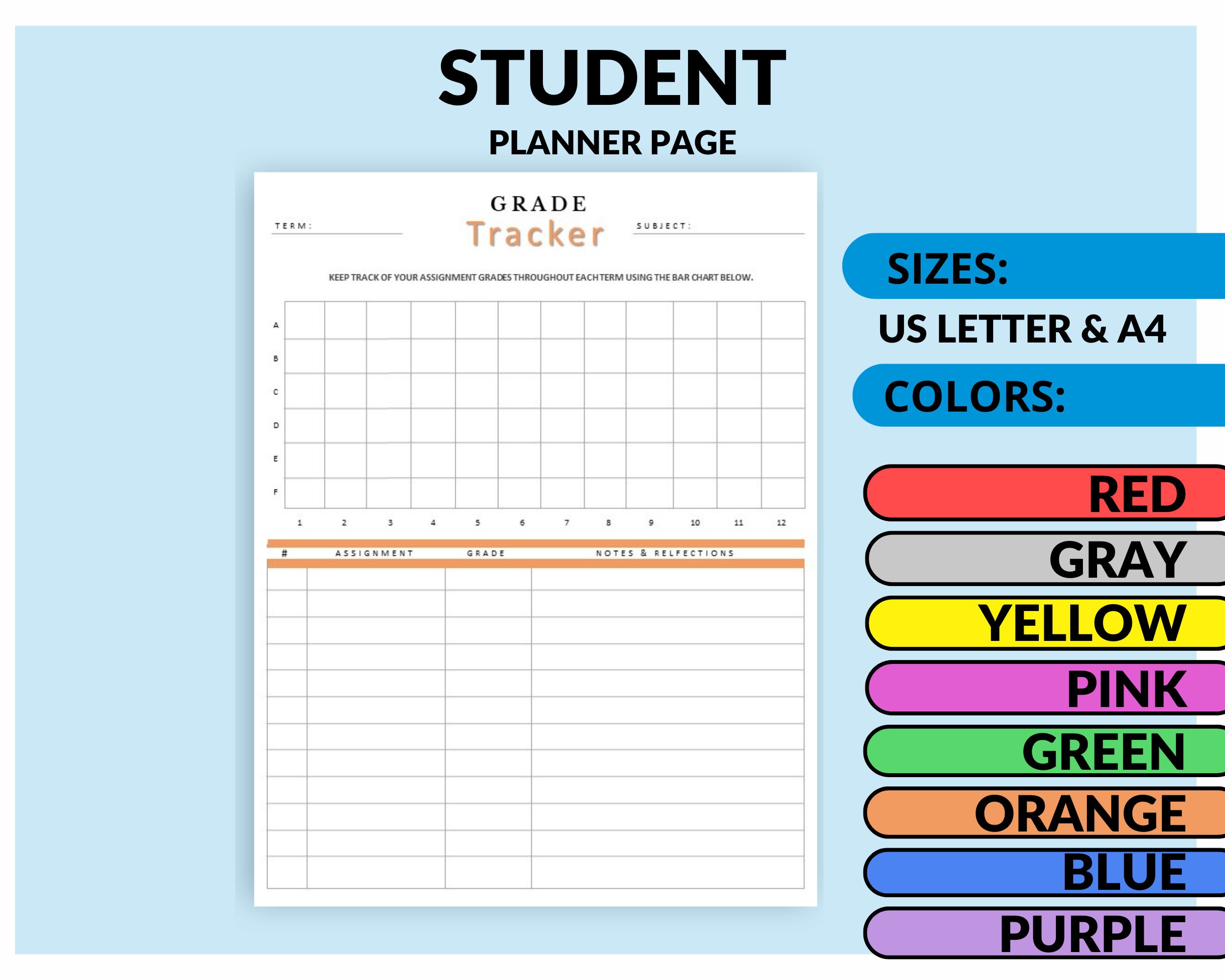 Grade Tracker Planner Page Printable | Student Organizer | Progress Log ...