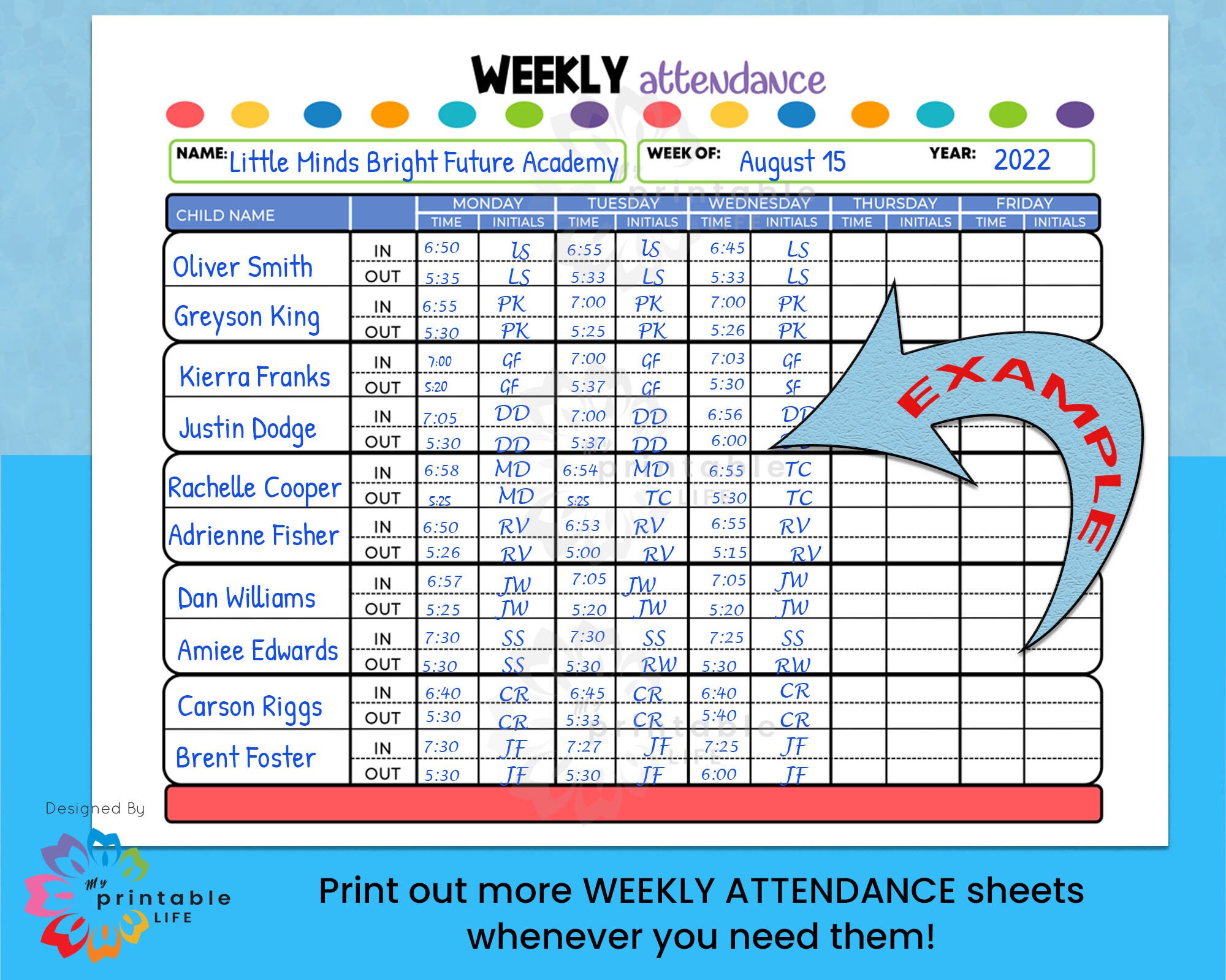 Weekly Attendance Form Sign-in Sign-out Sheet Event Printable ...